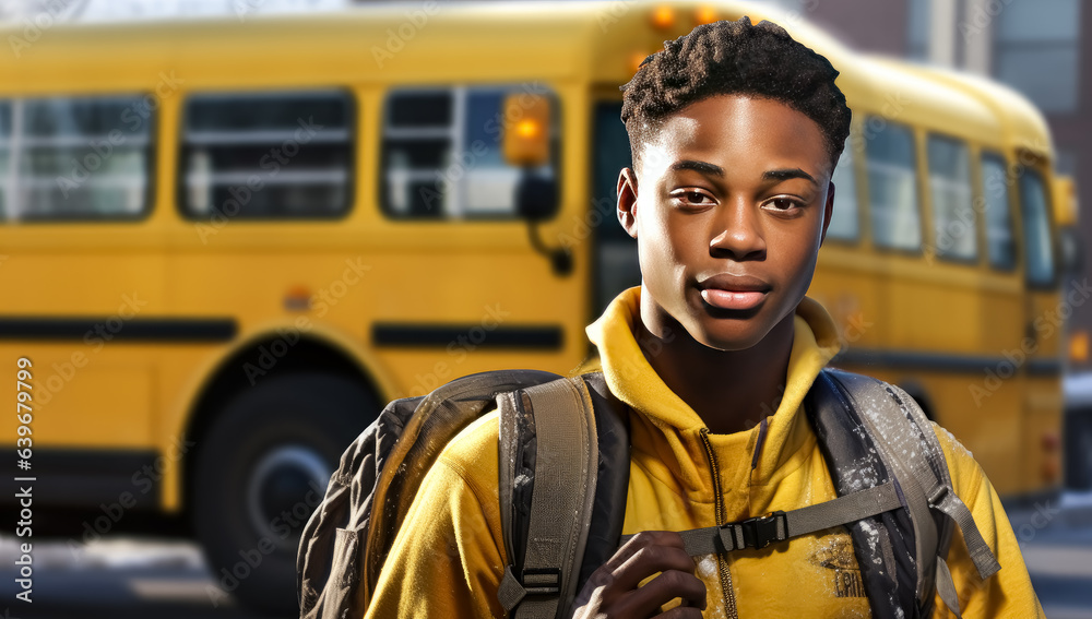 Young teen is smiling in front of a school bus, kids going back to ...