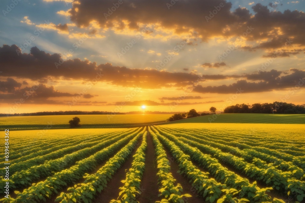 soybean plantation during sunset, with the vibrant colors of the ...