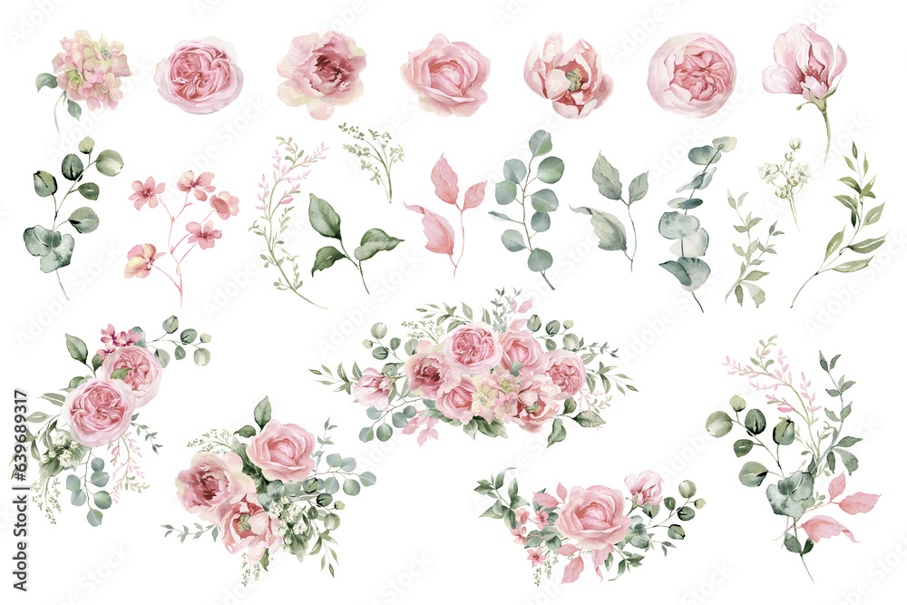 Watercolor light pink flowers and eucalyptus greenery PNG. Wedding ...