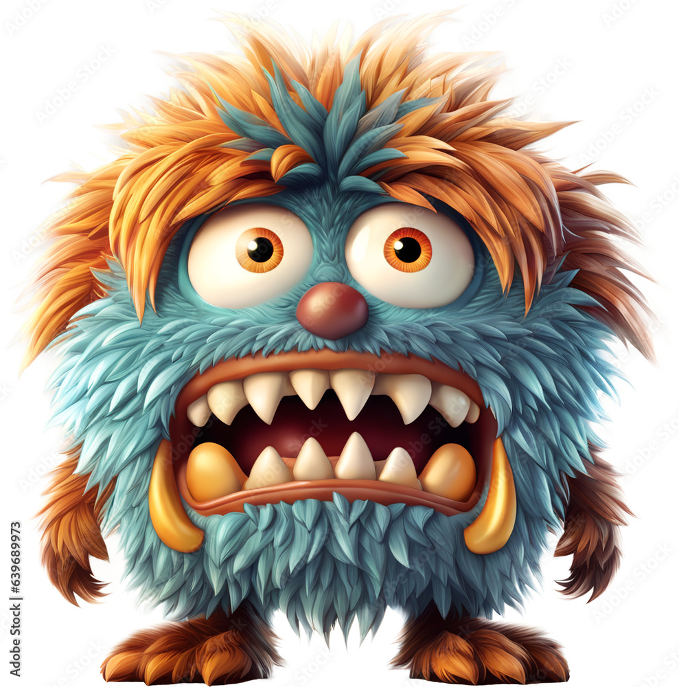Funny shaggy furry angry monster with big eyes and mouth with big white ...