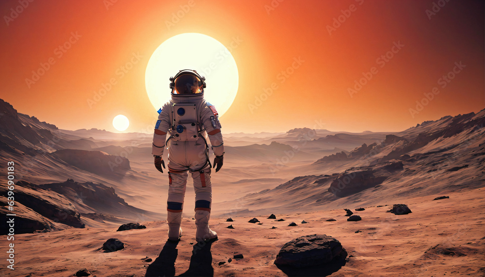 back view of an astronaut in white suit staying on alien desert planet ...