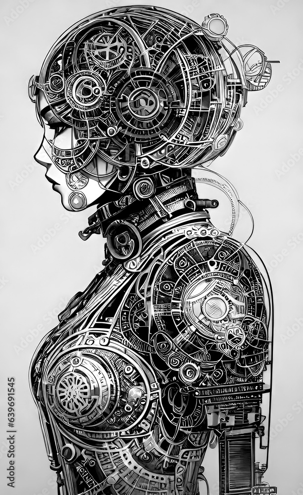 Side profile of a woman with a mechanical body and mind made up of cogs ...