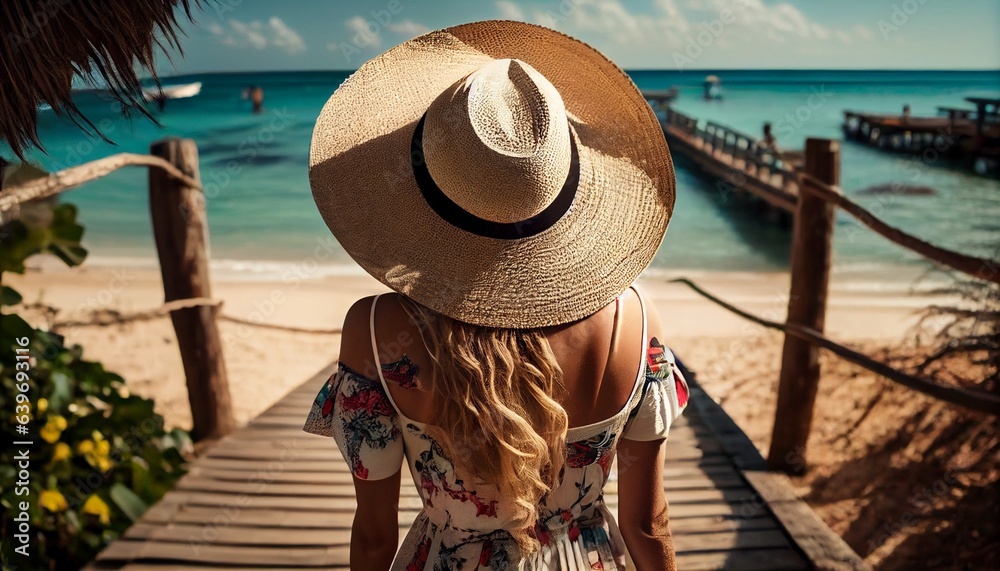 back view of women on the beach and enjoying vacation. Generative in ai ...