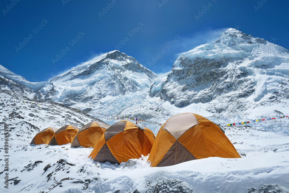 Everest base camp. Mountain peak Everest - highest mountain in the ...