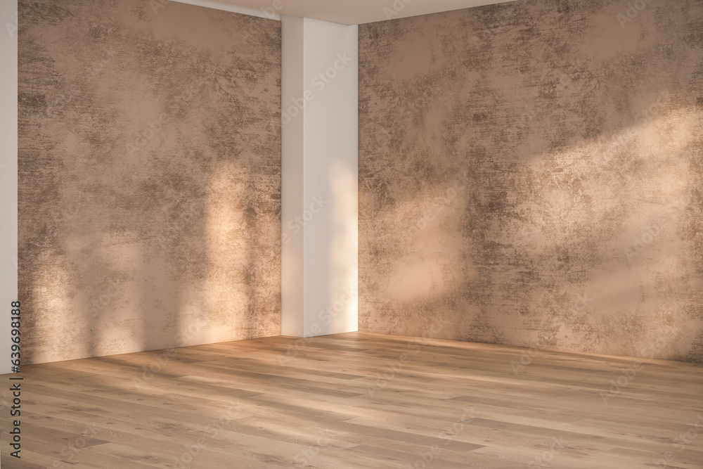 Empty room interior background, brown stucco wall, white wall, wooden ...