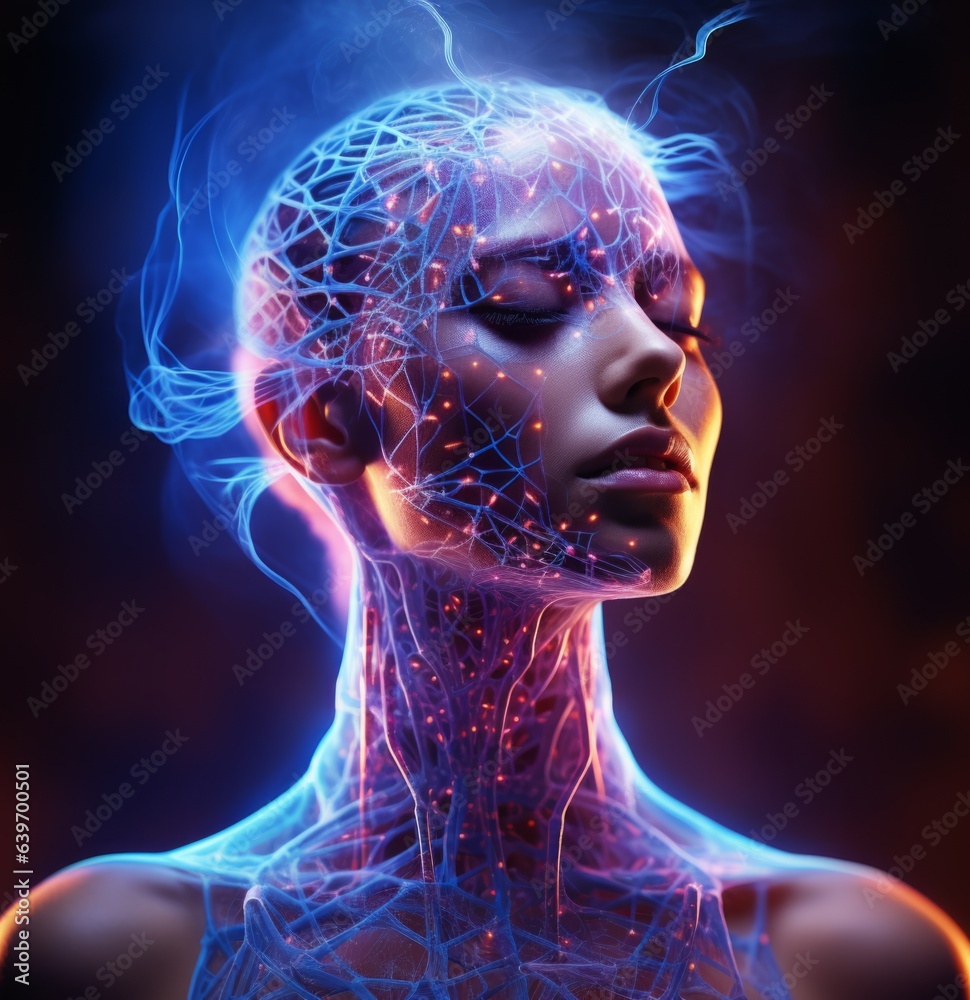 Woman head with glowing neurons in brain on dark blue background ...