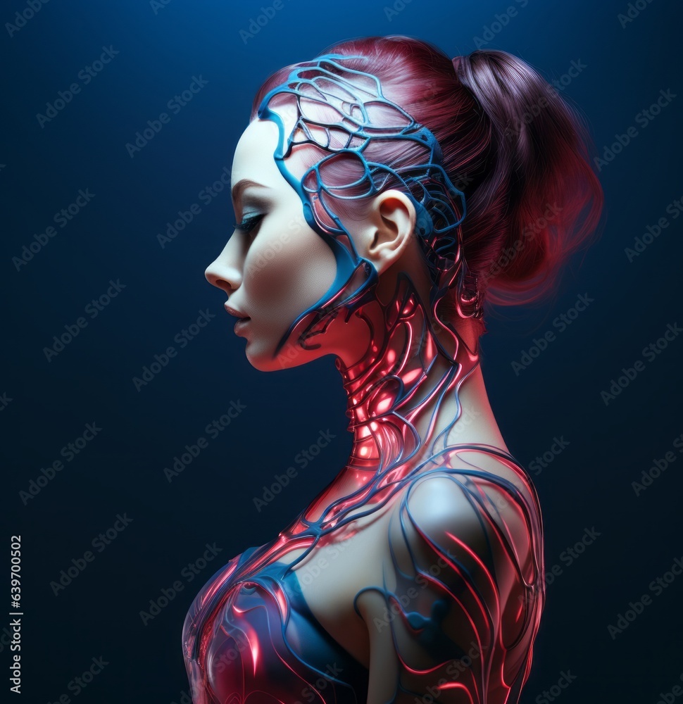 Cyborg future woman witha nervous system on the outside on a dark blue ...