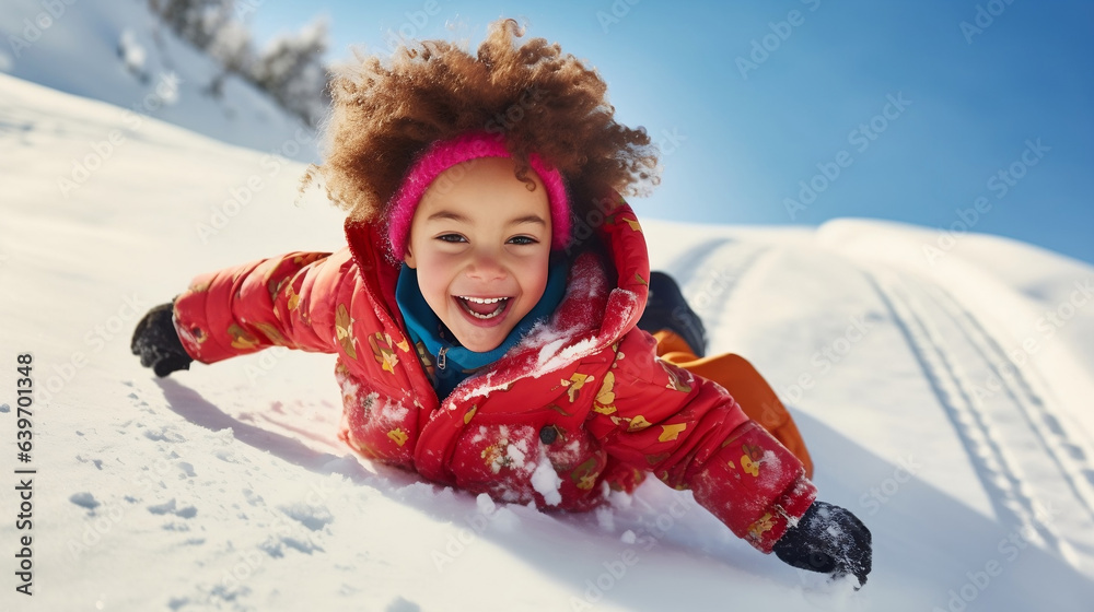 Black mixed race toddler child wearing a red coat laughing and having ...