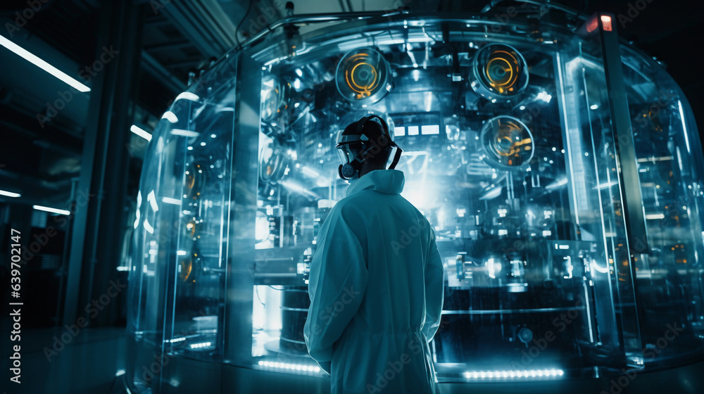 A scientist in a cleanroom suit, standing in front of a complex ...