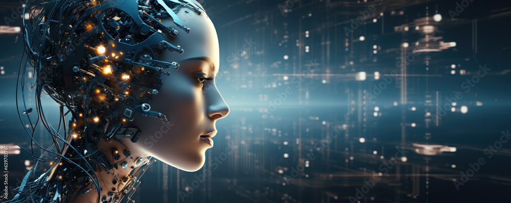 Young female humanoid head is connected to a super computer ...