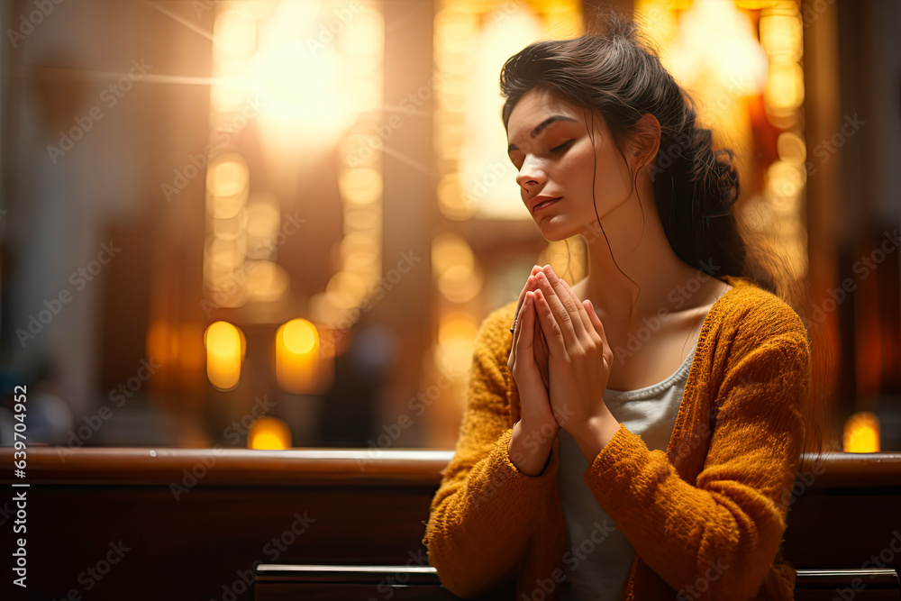 Christian woman is praying with hands crossed in church. Christianity ...