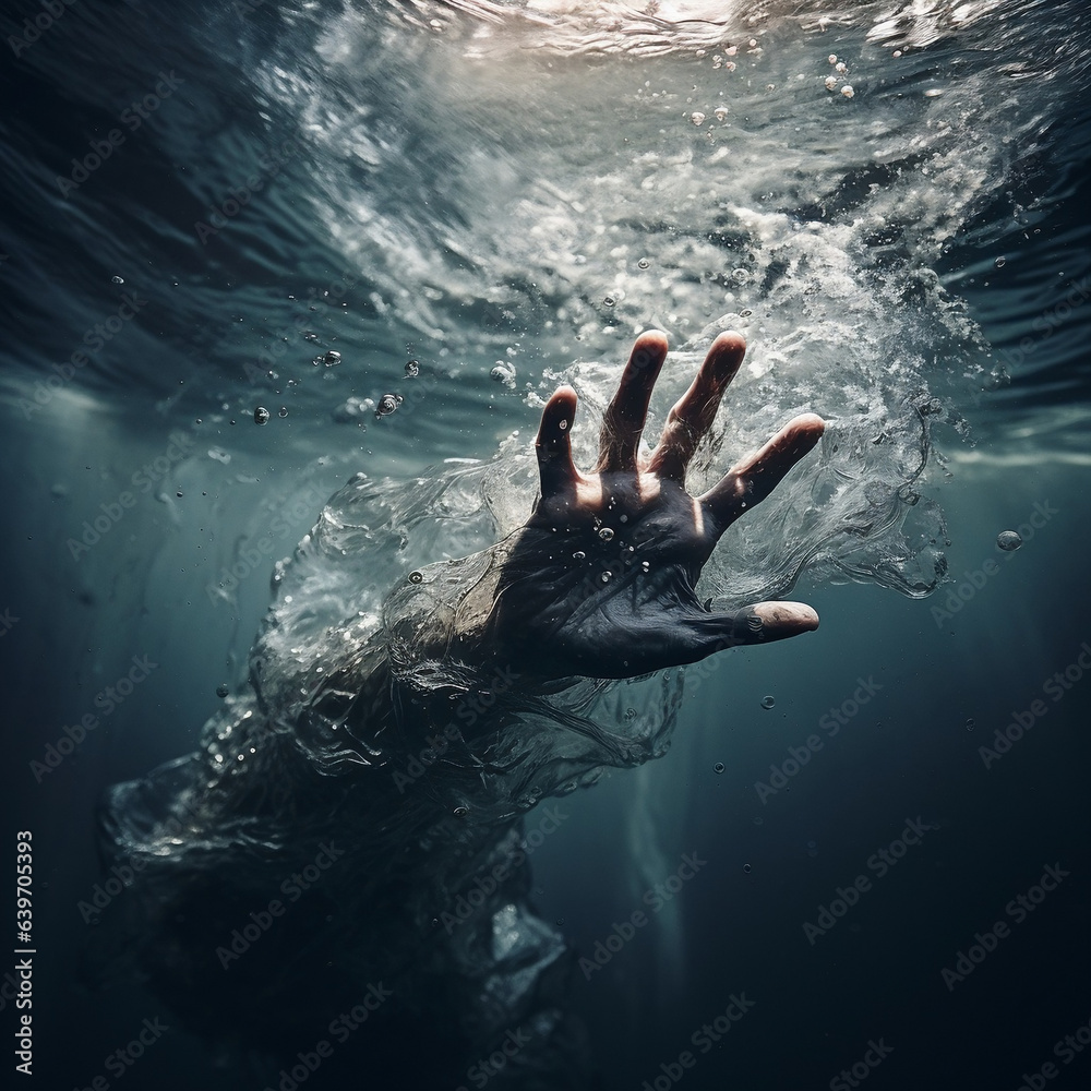 Drowning man asking for help. Last hope. Hand below the surface of the water. Generative AI ...