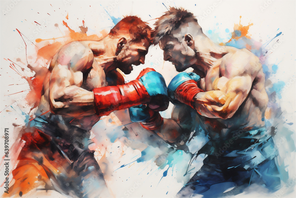 Vibrant Watercolor Painting, MMA Fighters Clashing, About to Punch Each ...