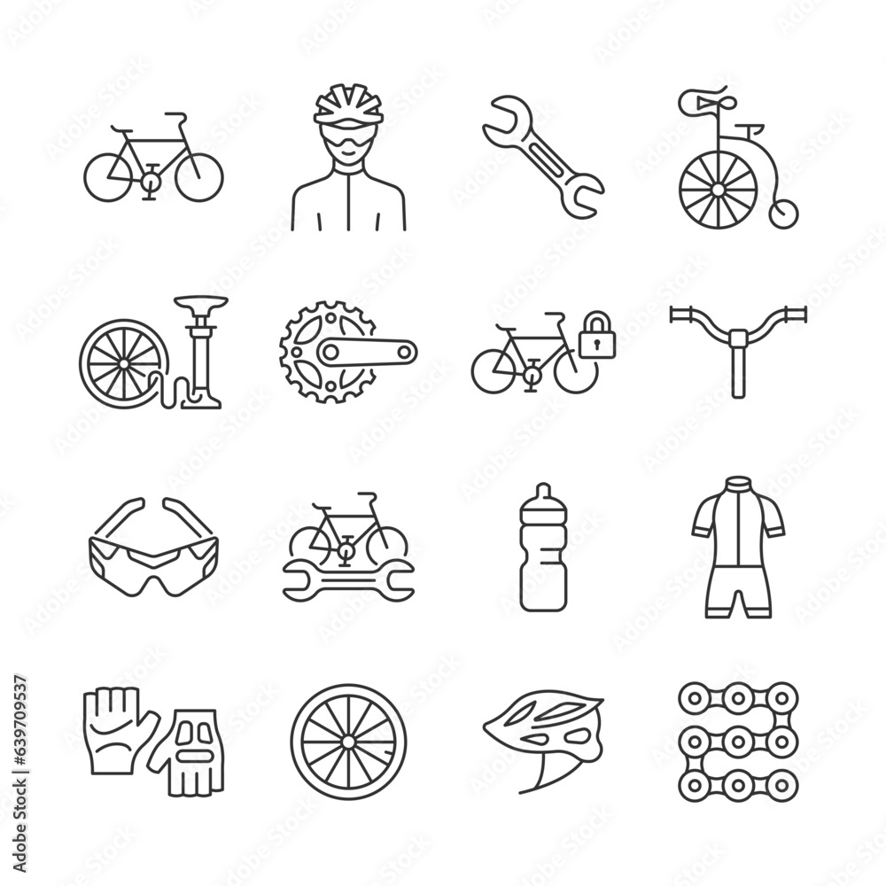 Bicycle line icon set. Bike outline symbol collection with bicyclist ...