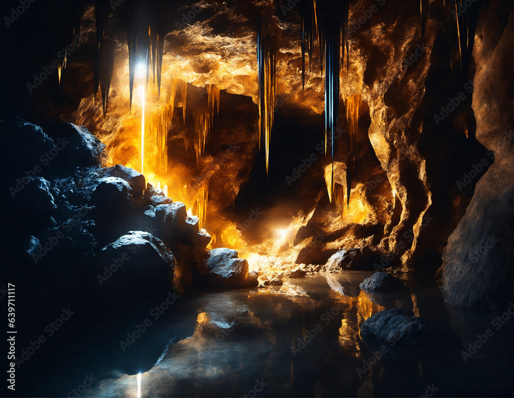 Mysterious underground cave with glowing crystals and river, dark ...