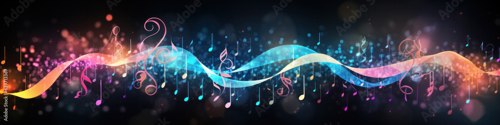 Colorful musical notes banner and sheet music, artistic illustration on ...