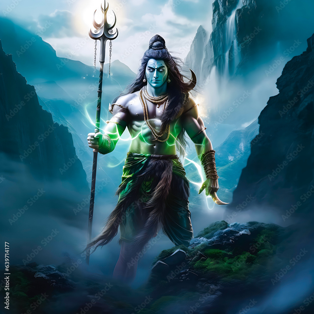 Lord shiva standing infront of kailash with his trishul Stock ...
