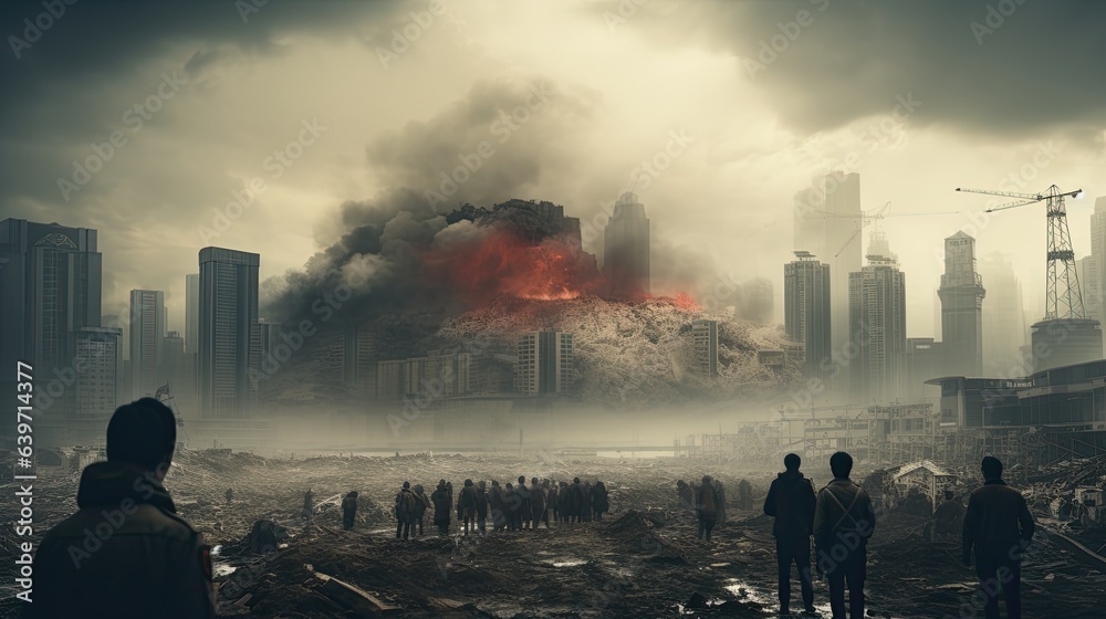 Apocalypse illustration. Ruins of the city after the war, burning ...