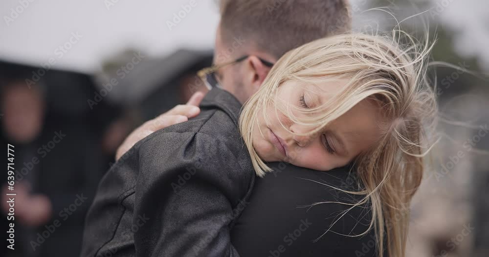 Sad, death and a daughter with her father at a funeral for grief or ...