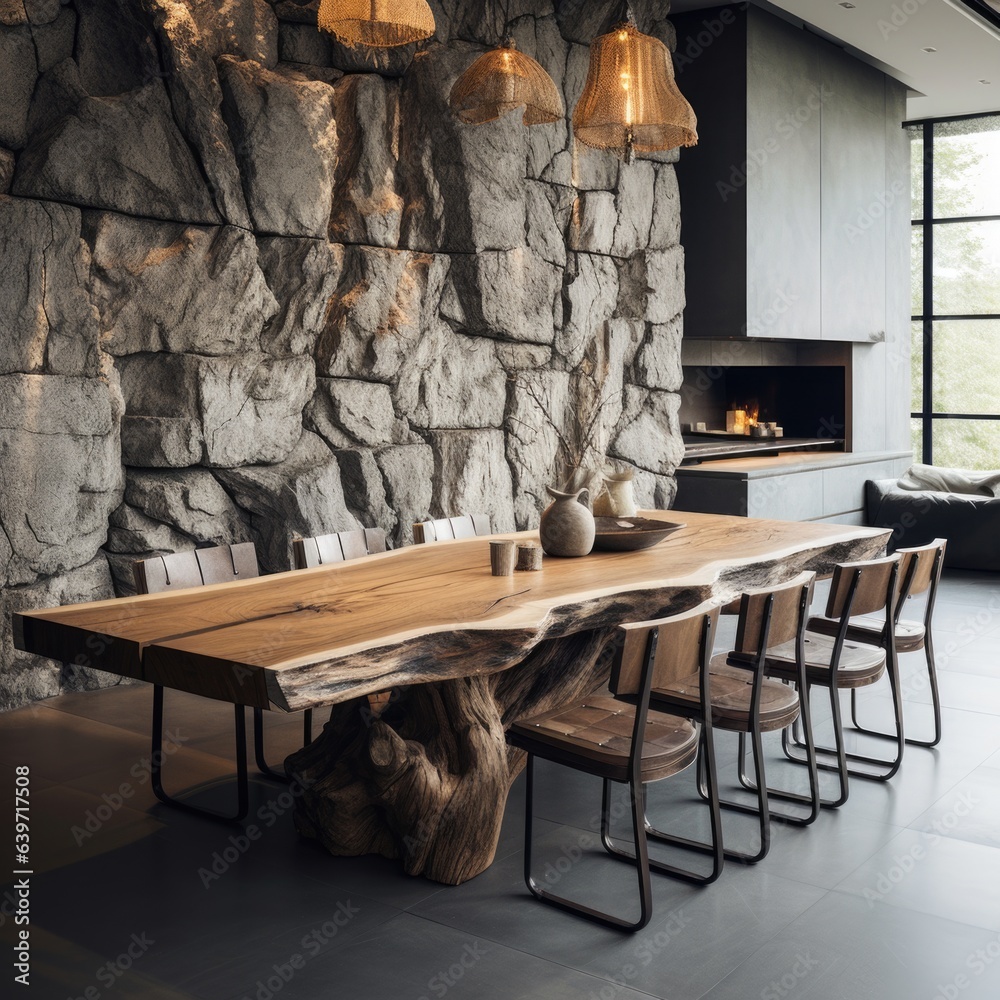 Rustic live edge dining table made from wooden slab and logs. Interior ...