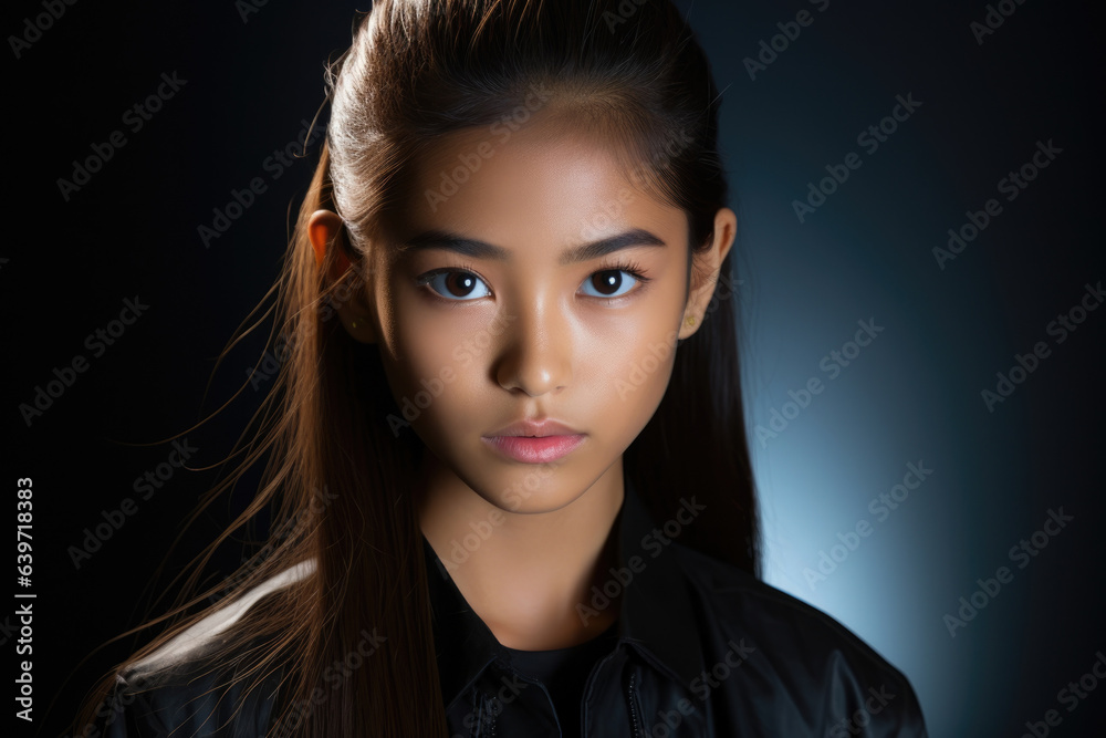 A fearless face of an Asian teenage girl looks straight at the camera ...