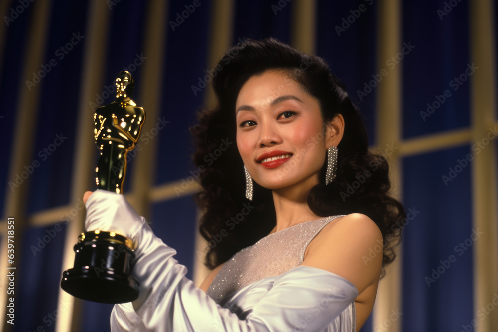 An Asian actress proudly displaying her trophy for Best Actress as she ...