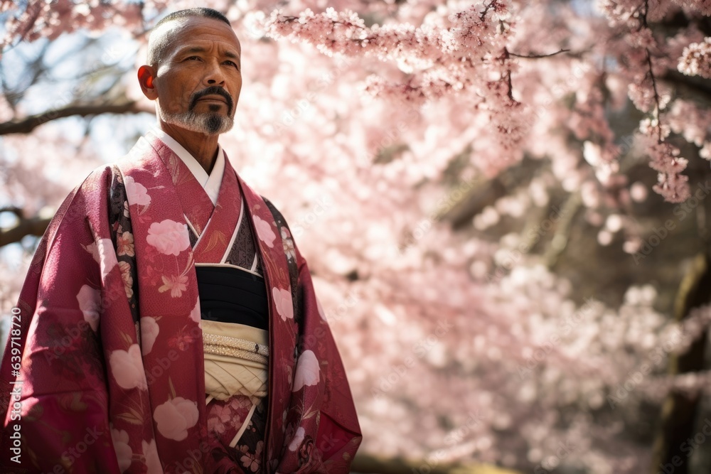A Japanese man in a colourful kimono standing tall amid ancient cherry ...