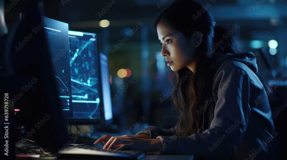 A determined Asian woman works away at her computer a flurry of motion ...