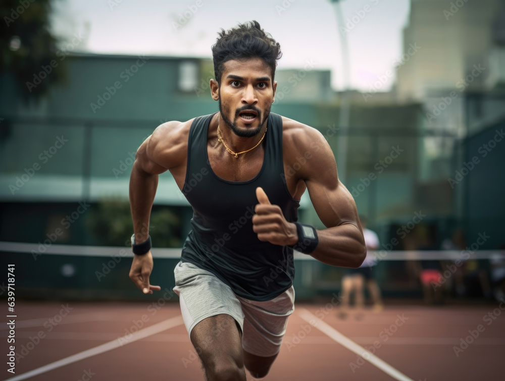 A South AsianAsian man running across a tennis court with a fierce ...