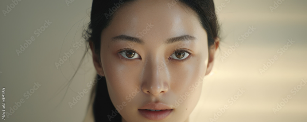 A closeup portrait of an Asian woman her face illuminated by a peaceful ...