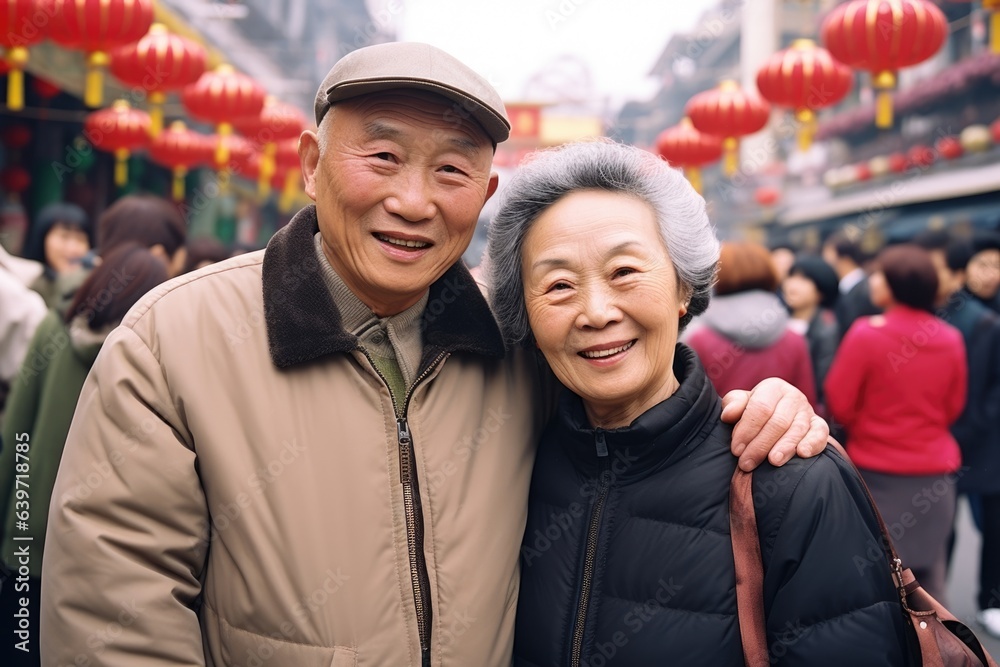 An elderly Chinese couple standing proudly in matching outfits on a ...
