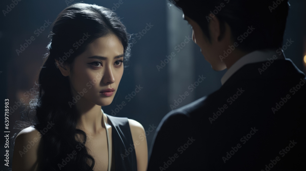 Two Asian actors making serious eye contact on the movie set close ...