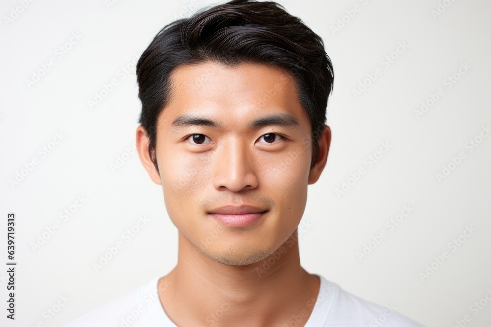 An Asian man with a kind face and a strong jawline stands with ...