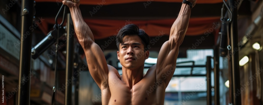 A tall strong Asian man demonstrating his muscular arms and torso as he ...