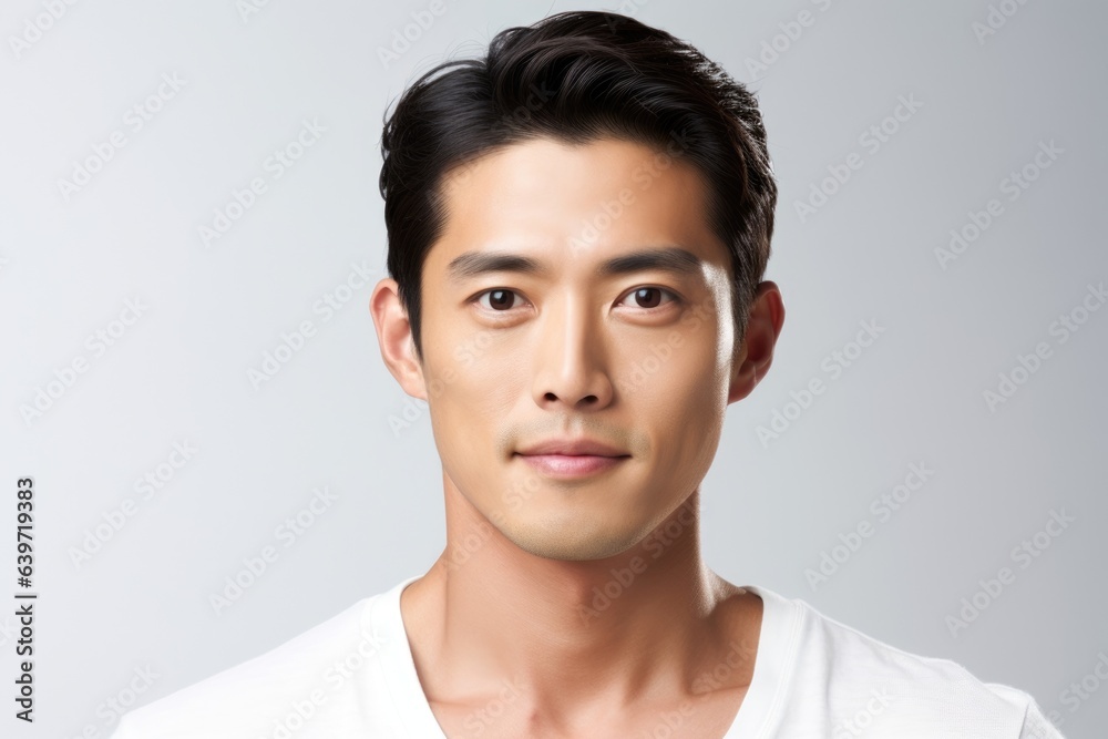 An Asian man with a kind face and a strong jawline stands with ...