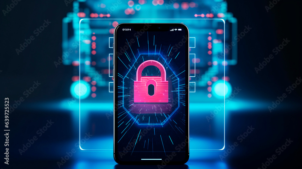 Smartphone digital identity and cybersecurity concept. Wide banner of ...