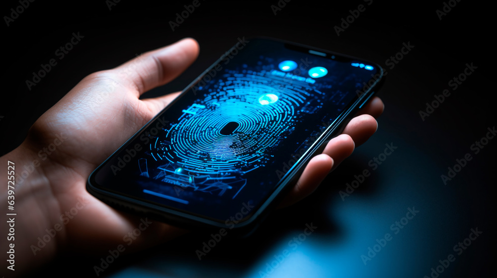 Smartphone digital identity and cybersecurity concept. Wide banner of ...