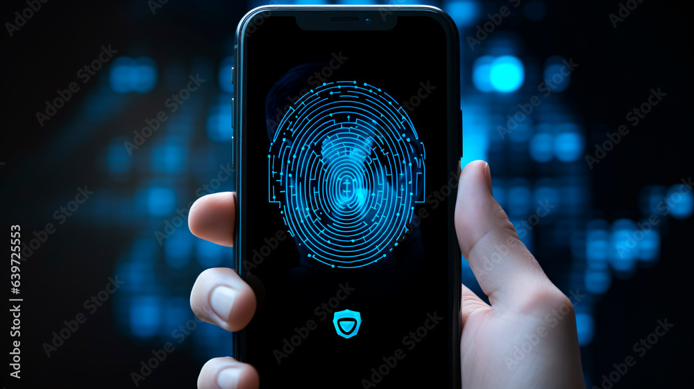 Smartphone digital identity and cybersecurity concept. Wide banner of ...