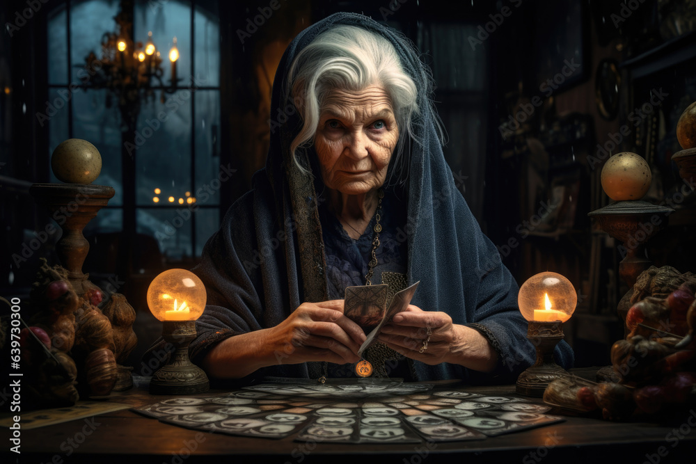 Old woman witch tarot card reading on the table in dark room Generative ...
