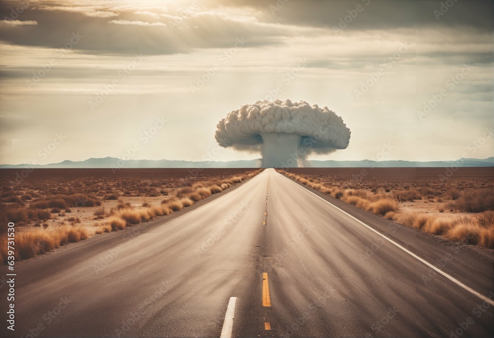 Asphalt road to nuclear explosion - terrible atomic blast, mushroom ...