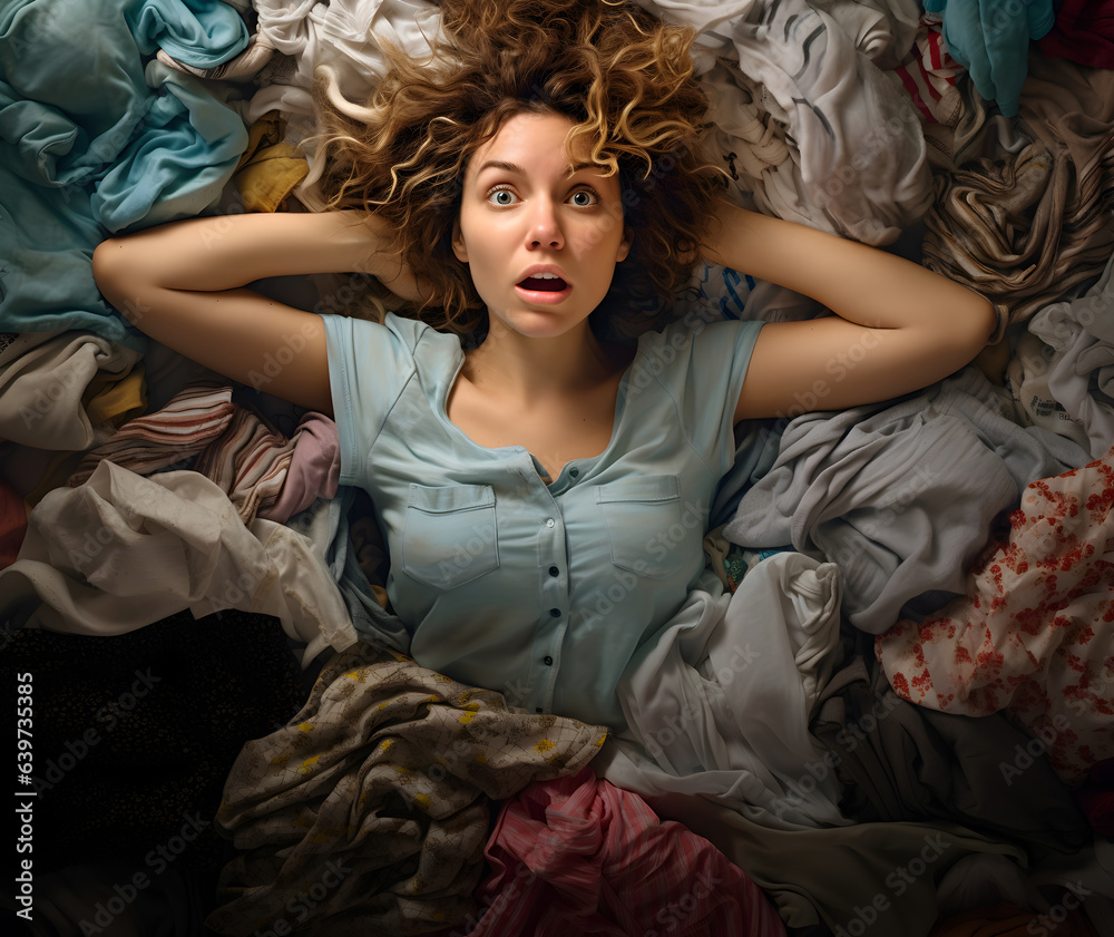 Disheveled housewife lays covered in a pile of dirty laundry, her weary ...