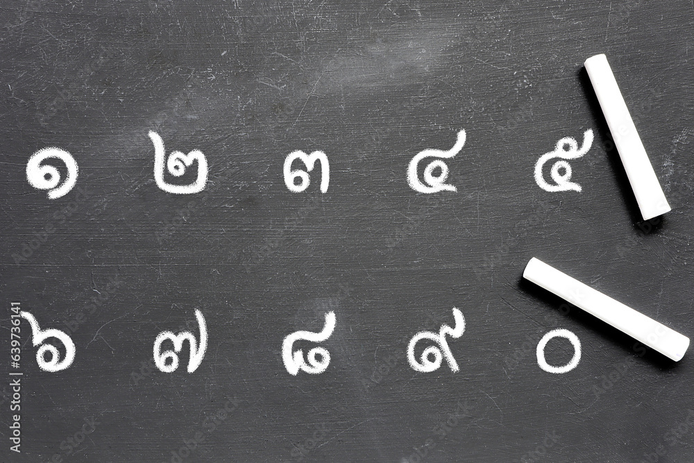 Set of Thai alphabet number 1 to 0 handwritten in white chalk on a ...