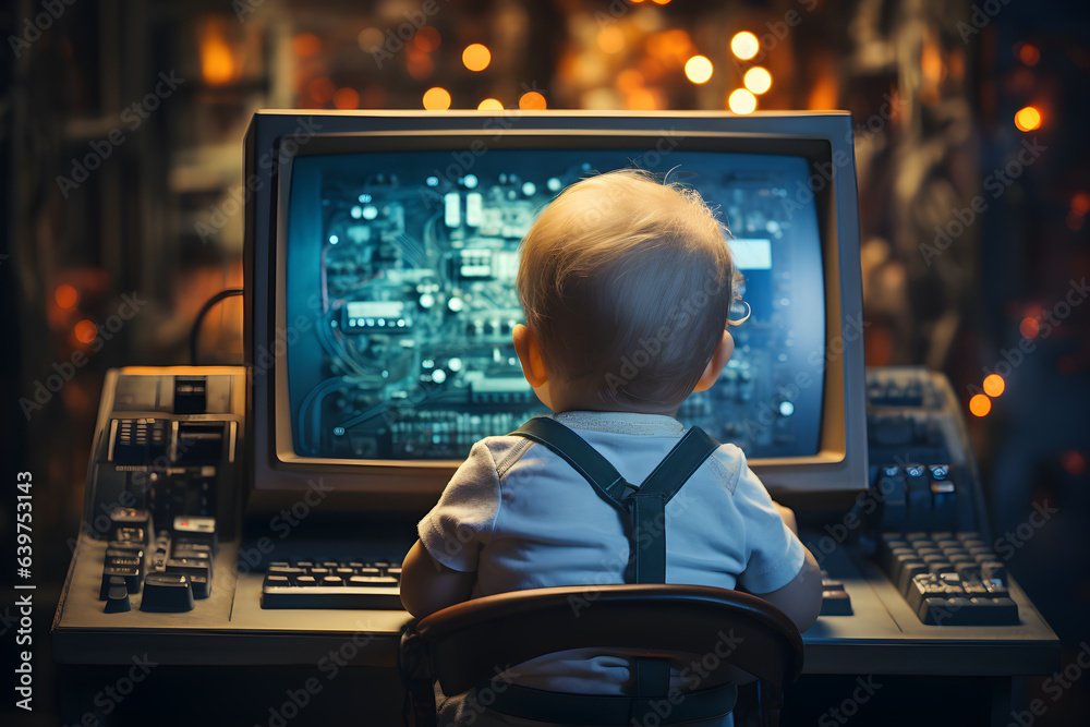 Child computer genius sitting using computer and keyboard in retro ...