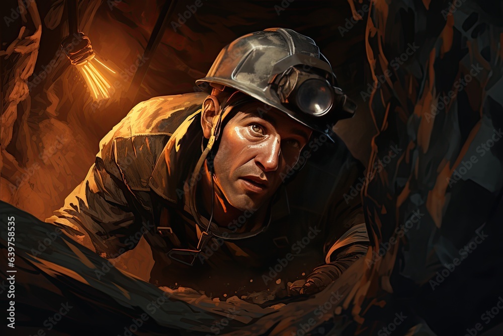 hardworking miner deep within the earth, wearing a helmet and sturdy ...