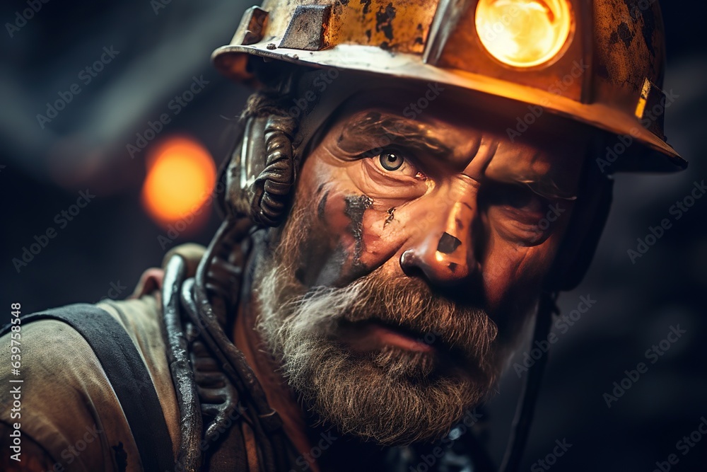 hardworking miner deep within the earth, wearing a helmet and sturdy ...