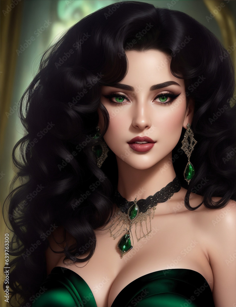 Beautiful Green Eyed Woman Wearing Green Dress Looking Into The Camera