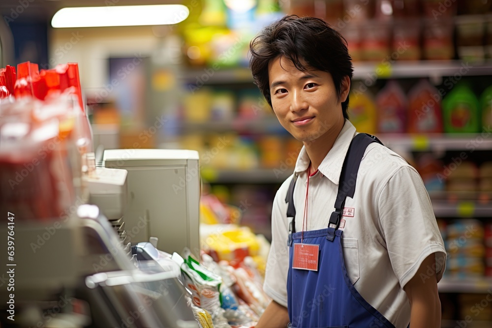 bustling convenience store, employees efficiently manage shelves ...