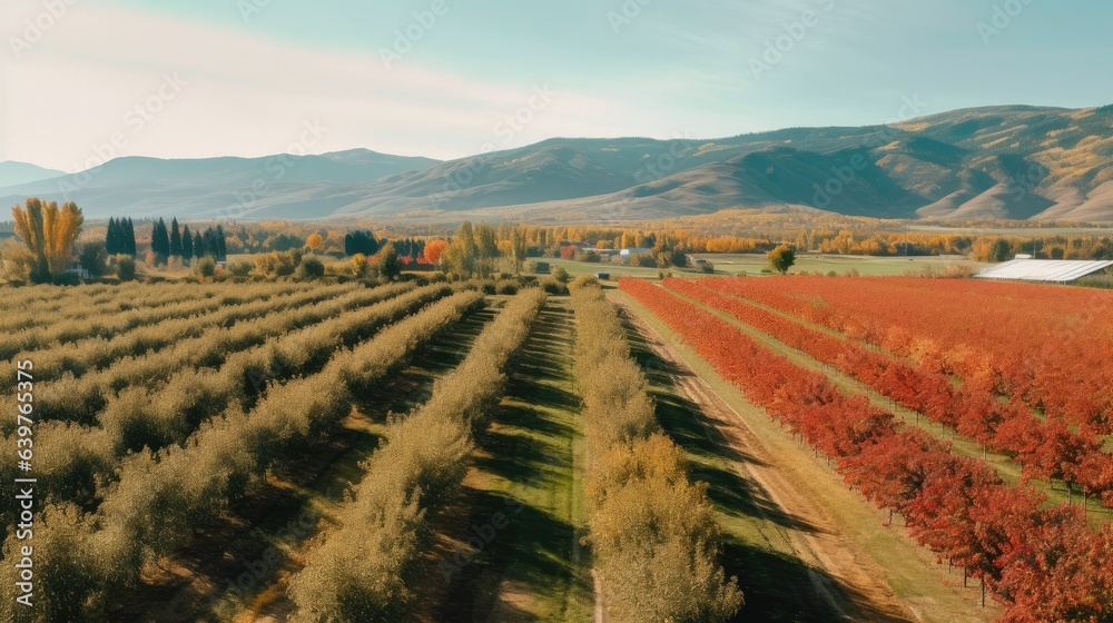 An aerial view of an idyllic apple orchard at sunset, with rows of ...