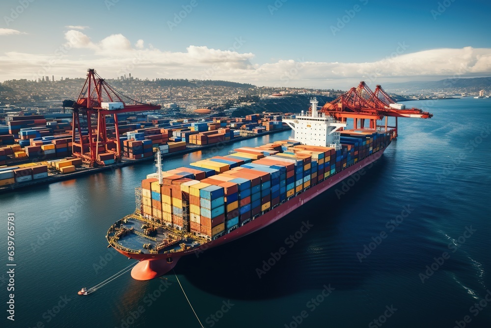 world of shipping transports. Depict a bustling port with cargo ships ...