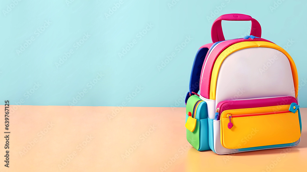 a colorful kid school bag wool texture with a blue wall background ...